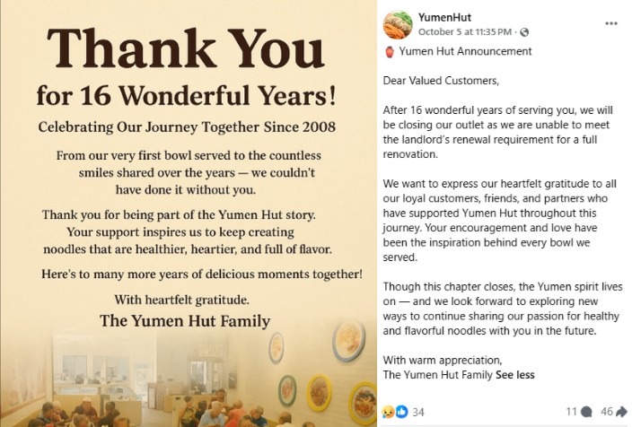 Yumen Hut closes down — Restaurant unable to meet landlord's demands ...