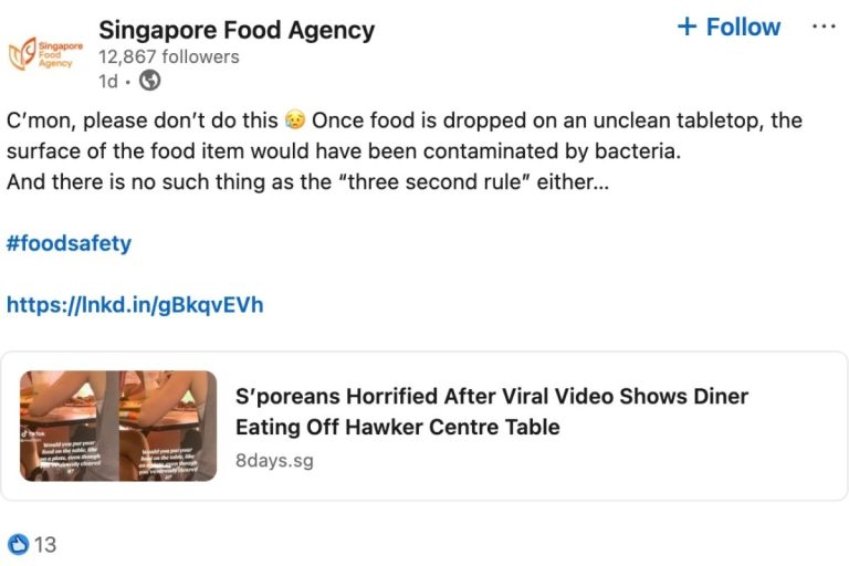 No such thing as the '3 second rule' - SFA - SETHLUI.com